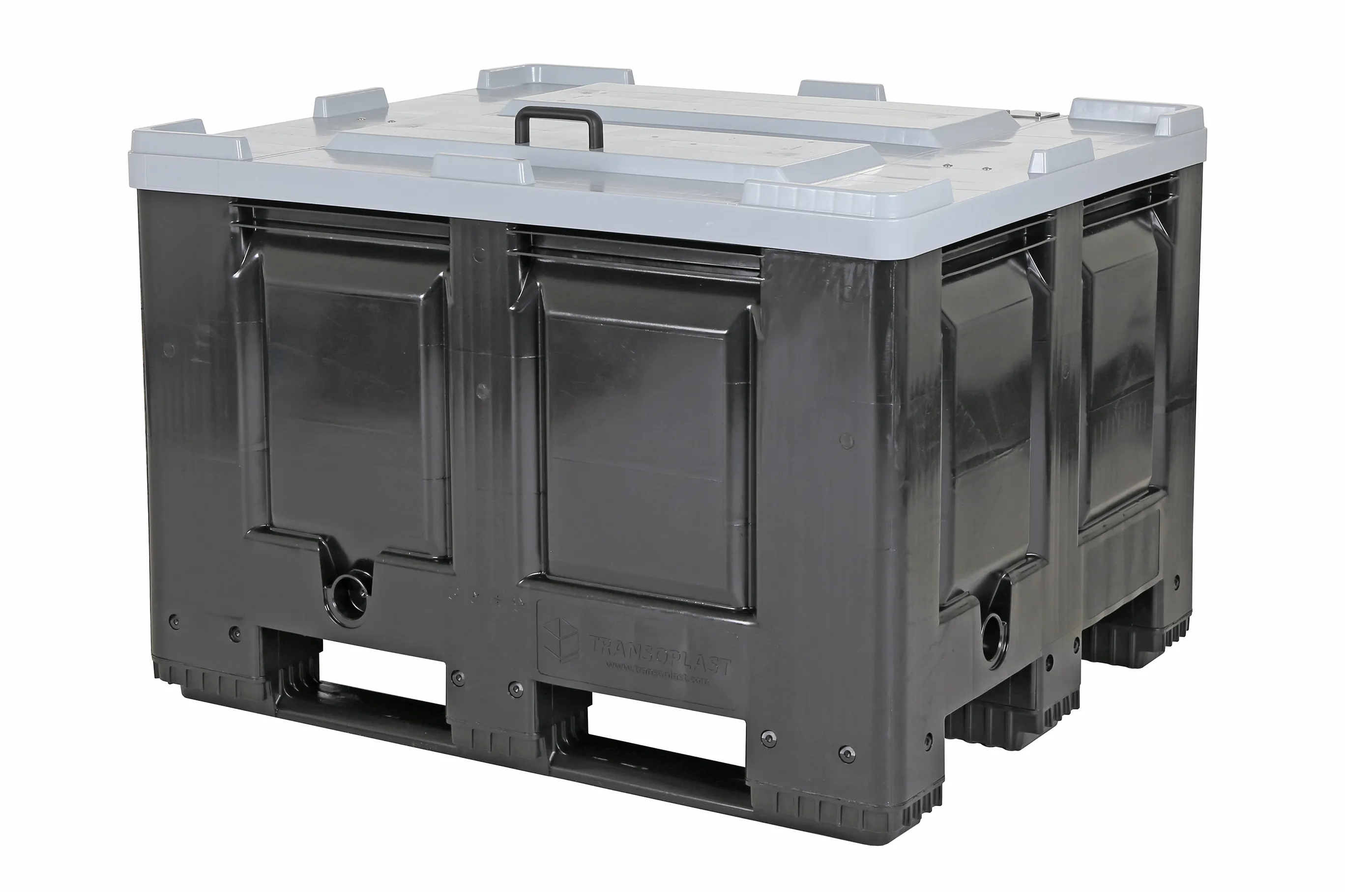 Black plastic pallet box - 1200 x 1000 mm - with grey hinged lid - 3 ...