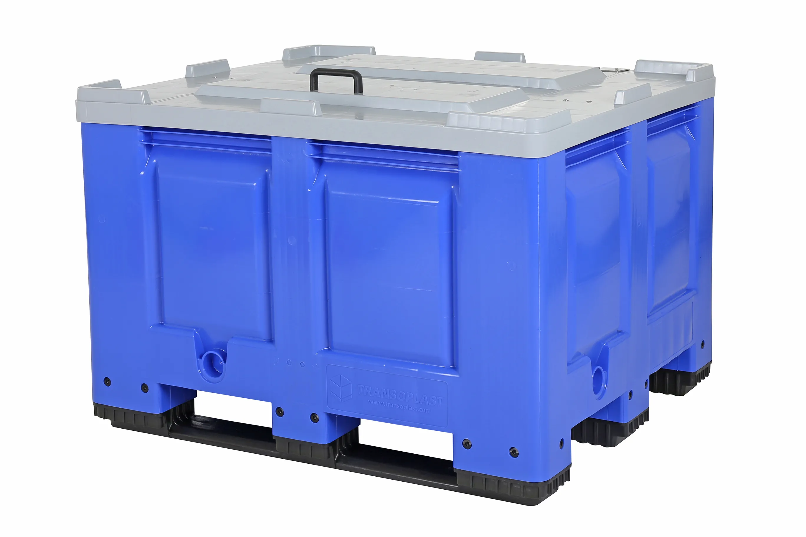 Blue plastic pallet box – 1200 x 1000 mm – with grey hinged lid – 3 ...