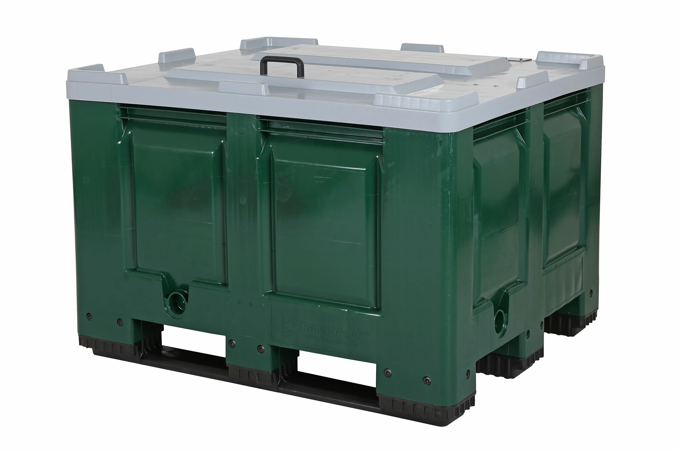 Green plastic pallet box – 1200 x 1000 mm – with grey hinged lid – 3 ...