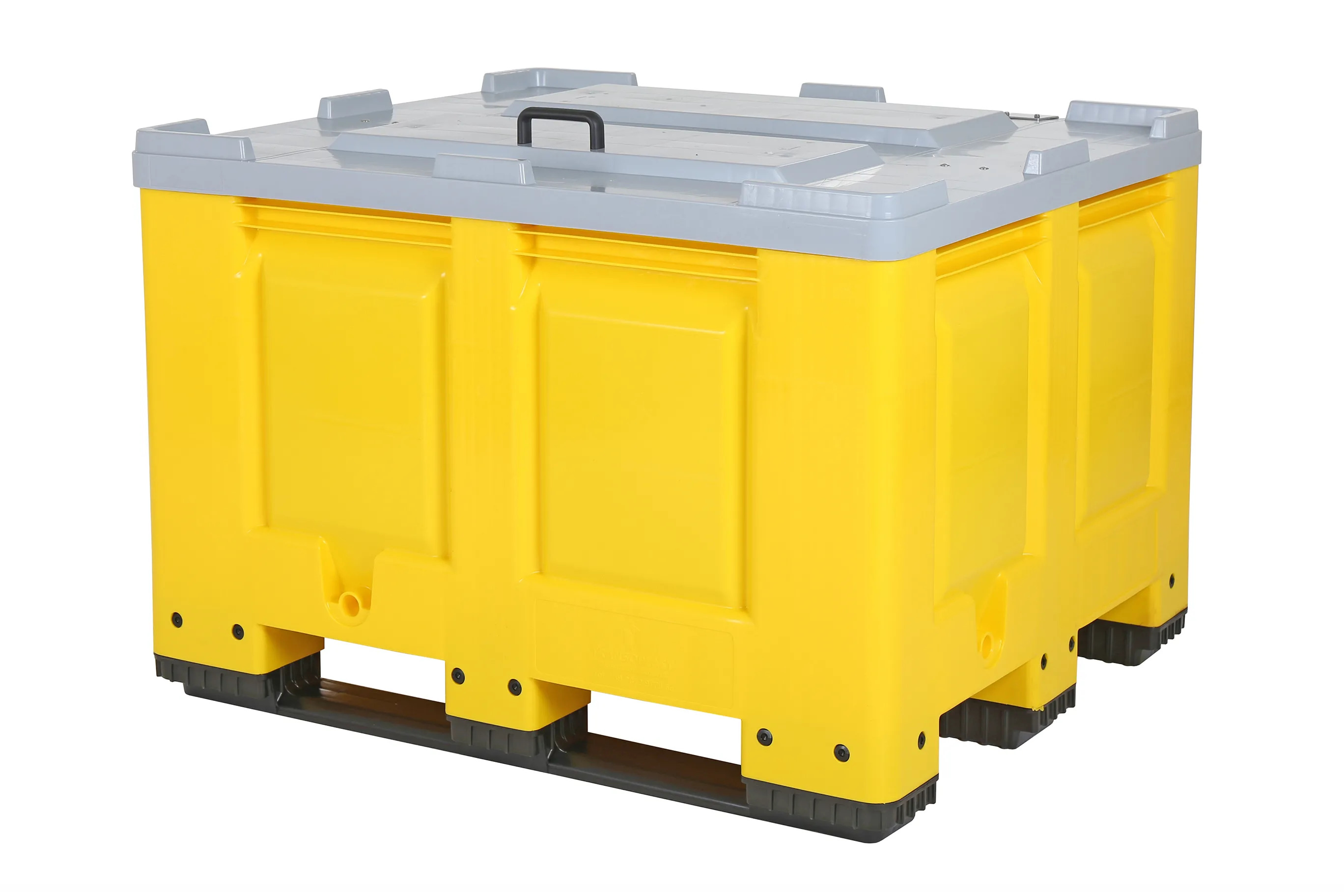 Yellow plastic pallet box – 1200 x 1000 mm – with grey hinged lid – 3 ...