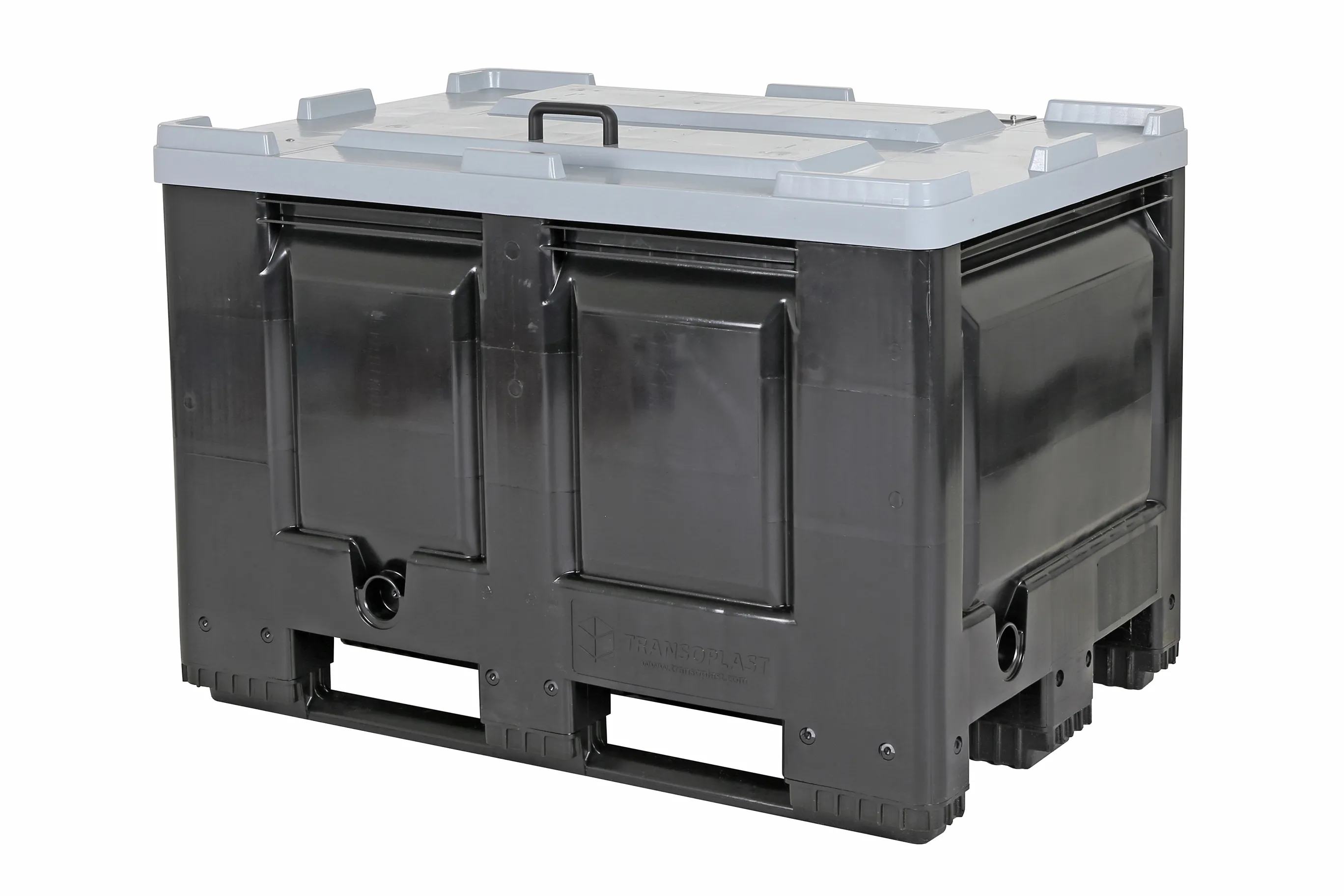Schwarze Kunststoff-Palettenbox – 1200 x 800 mm – mit grauem Deckel – 3 Kufen - Transoplastshop