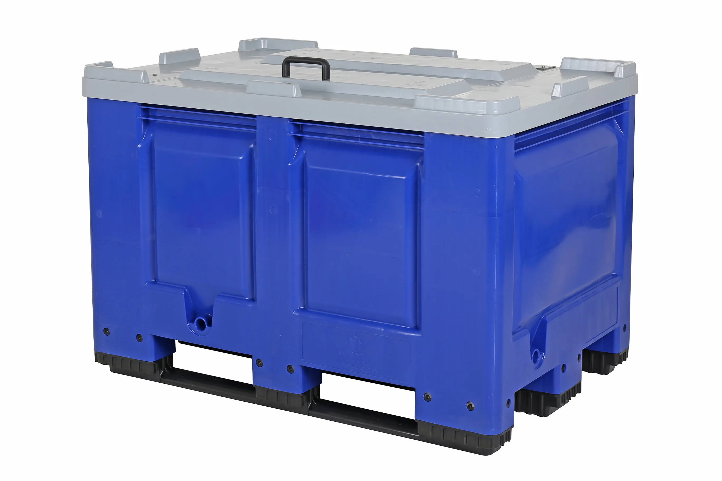 Blue plastic pallet box – 1200 x 800 mm – with grey hinged lid – 3 ...