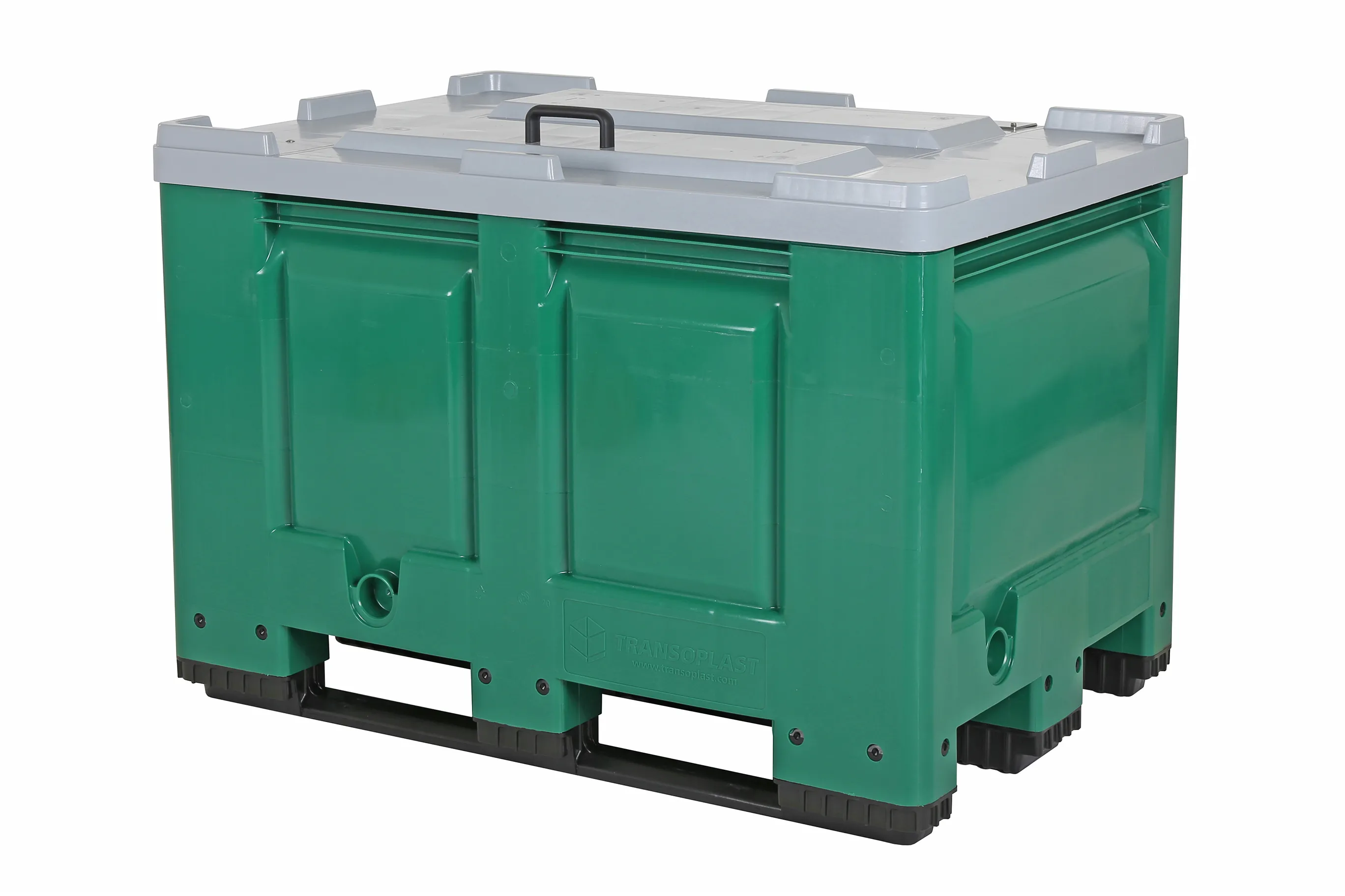 Green plastic pallet box – 1200 x 800 mm – with grey hinged lid – 3 ...