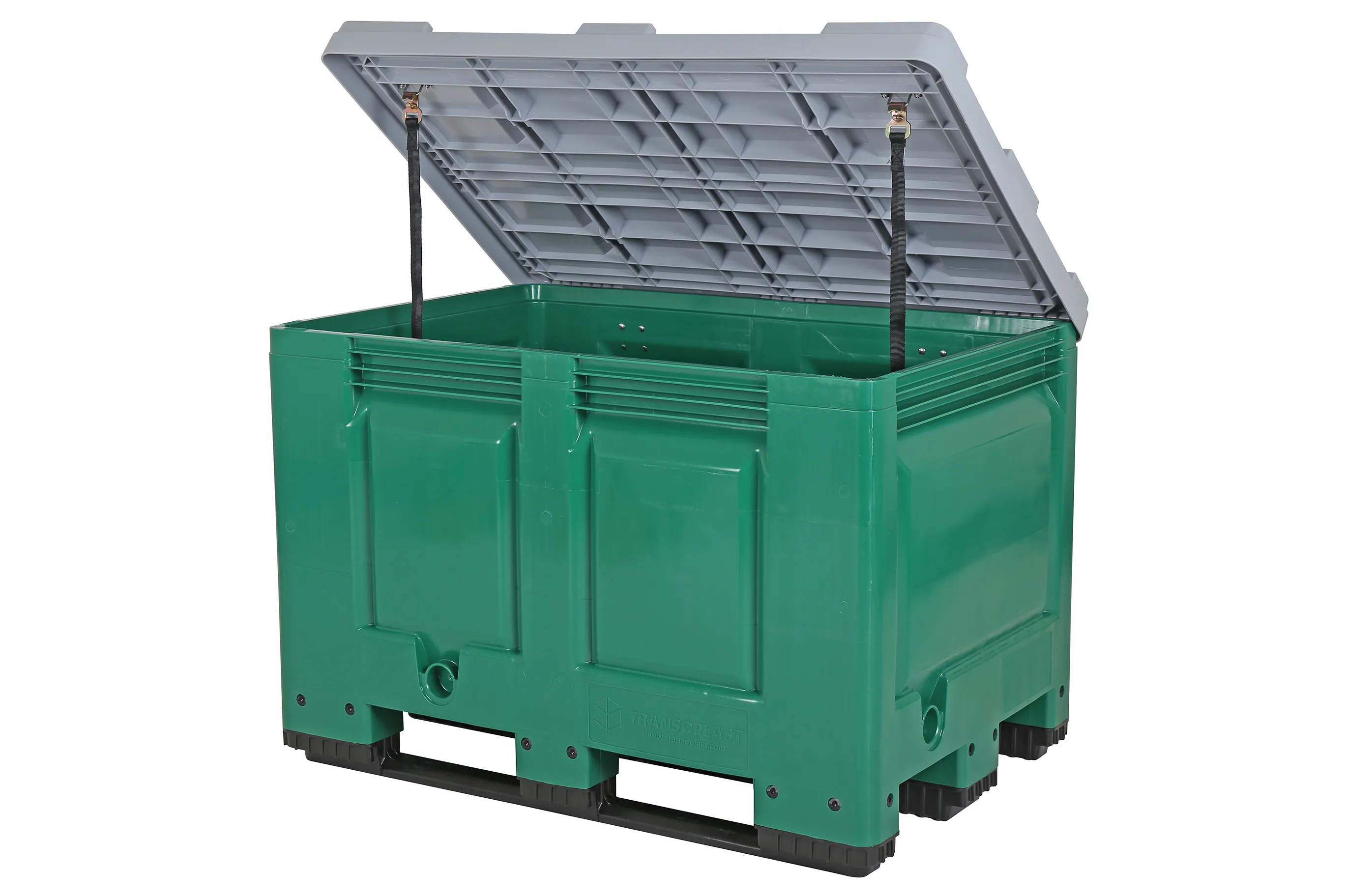 Green plastic pallet box – 1200 x 800 mm – with grey hinged lid – 3 ...