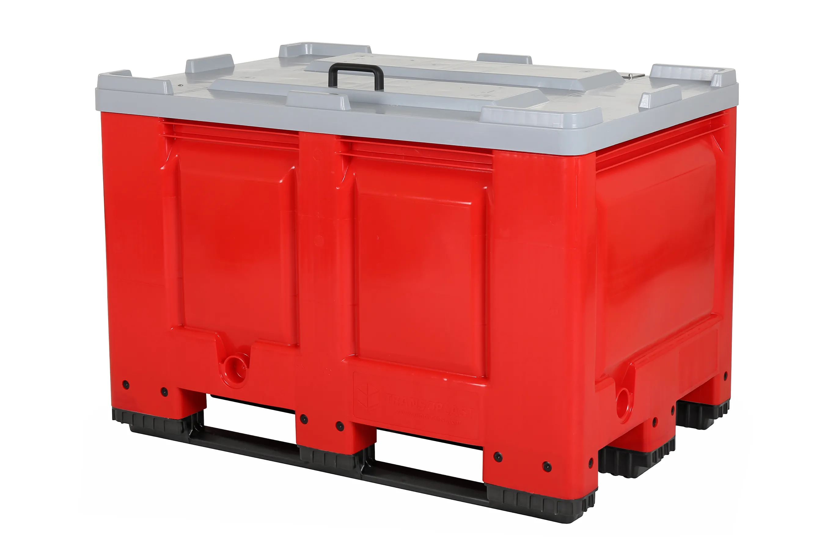 Red plastic pallet box – 1200 x 800 mm – with grey hinged lid – 3 ...
