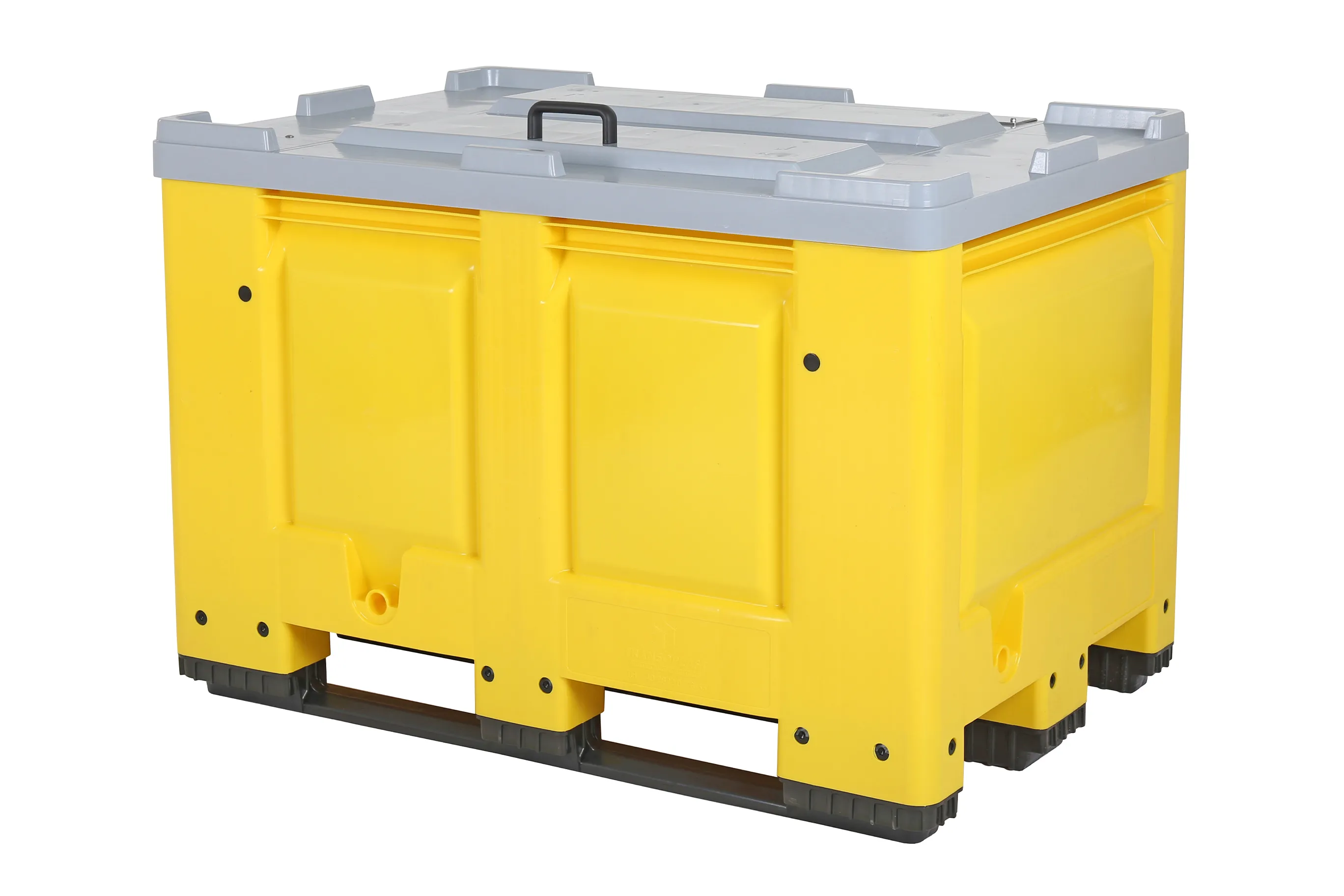 Yellow plastic pallet box – 1200 x 800 mm – with grey hinged lid – 3 ...