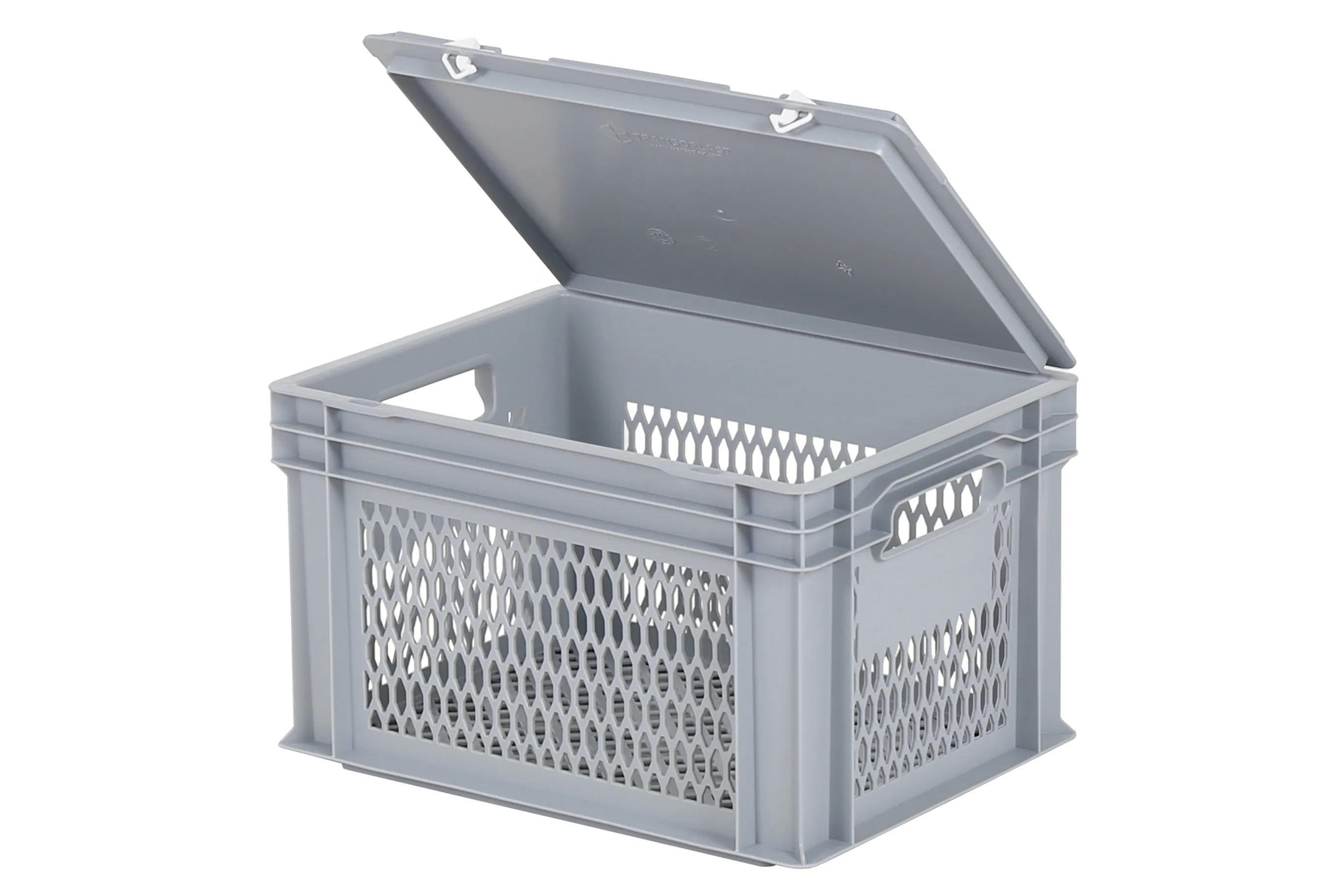 Stacking crate with lid light - perforared - 400x300xH255mm - grey ...