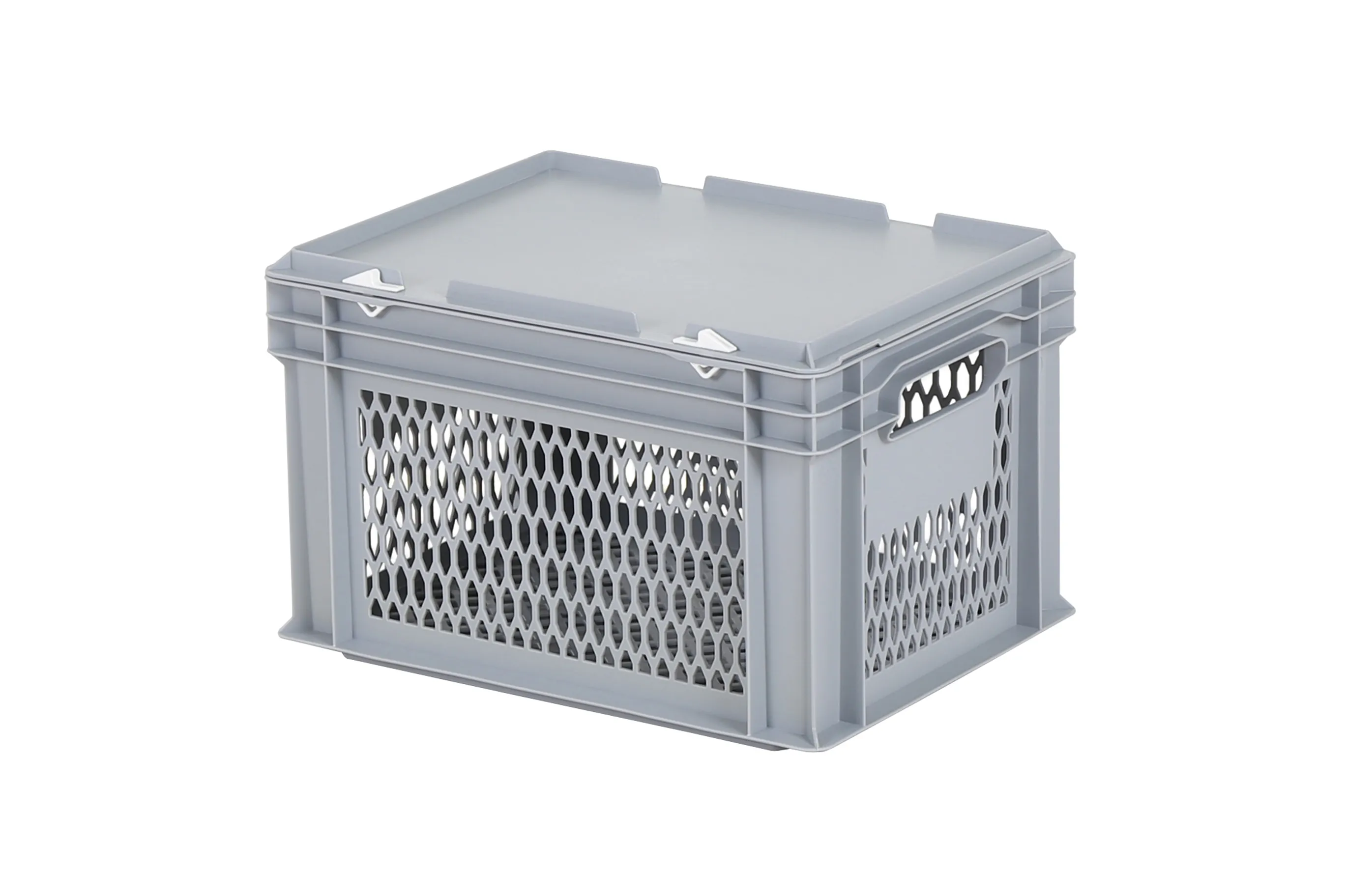 Stacking crate with lid light - perforared - 400x300xH255mm - grey ...
