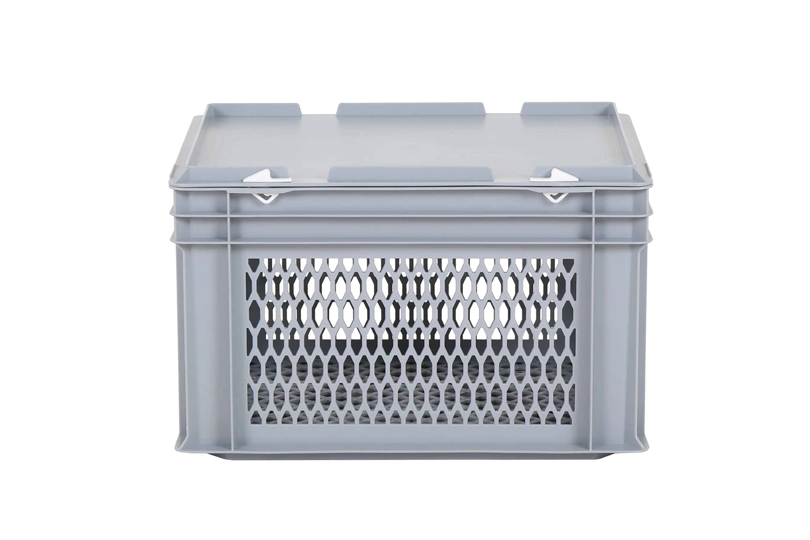 Stacking crate with lid light - perforared - 400x300xH255mm - grey ...
