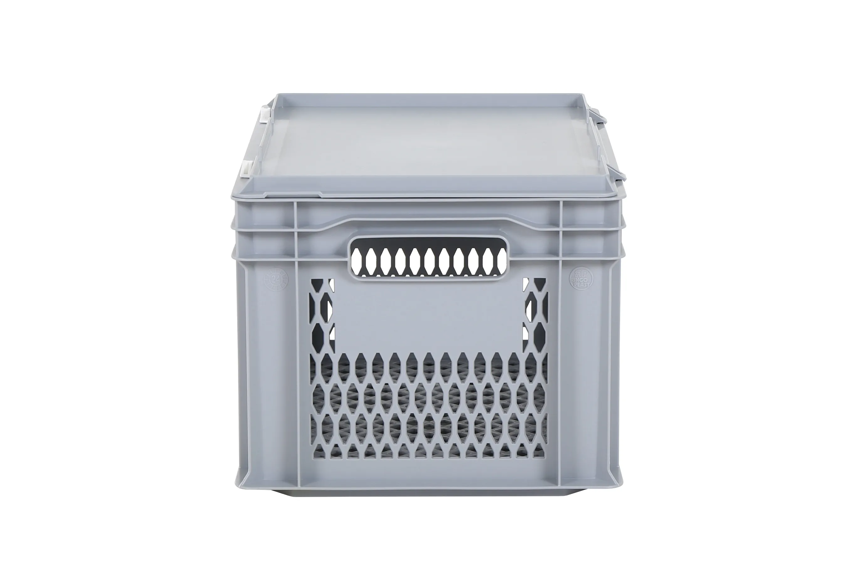 Stacking crate with lid light - perforared - 400x300xH255mm - grey ...